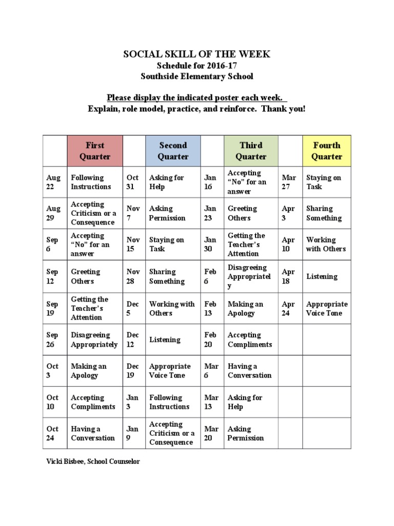 Social Skills Schedule 2016-17 | PDF