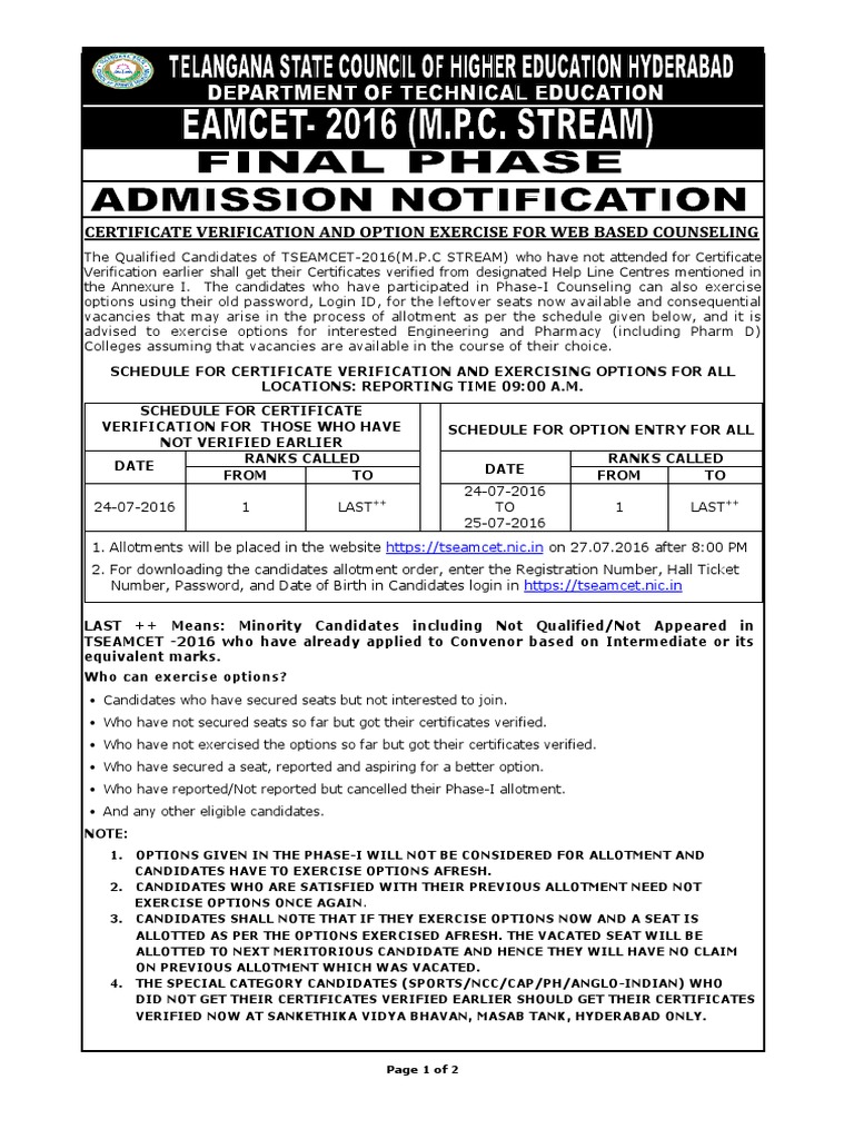 Tseamcet2016 Detailed Notif Final | PDF | Government | Further Education