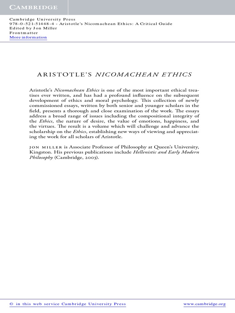 Aristotles Nicomachean Ethics Critical Essays Edited by Jon Miller ...