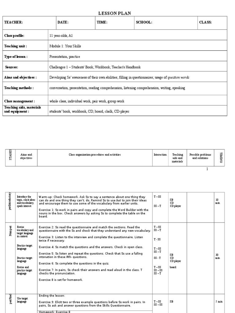 Lesson Plan: Teacher: Date: Time: School: Class | PDF | Language Arts ...