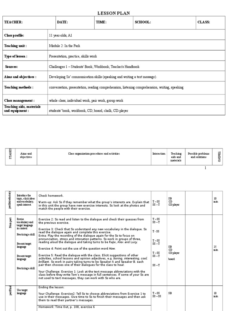 A1 Lesson Plan: Communication Skills in Park | PDF | Reading ...