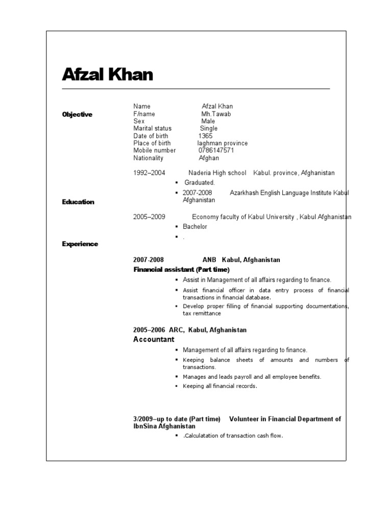 CV of Afzal Khan | Afghanistan | Economies