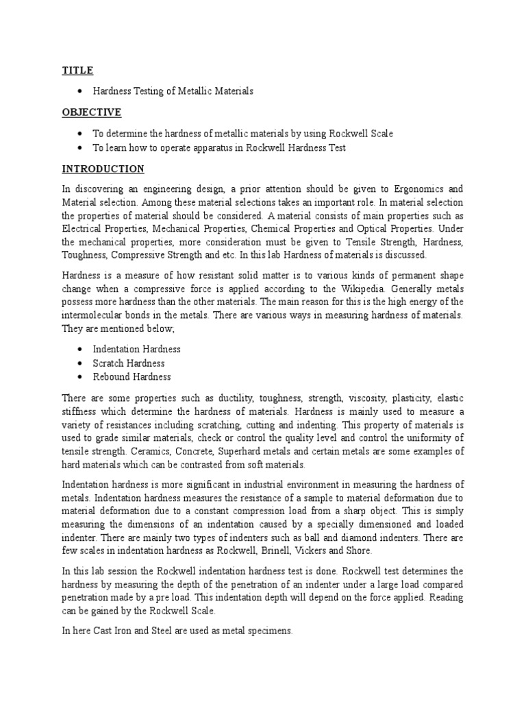 Hardness Lab Report | Download Free PDF | Hardness | Materials