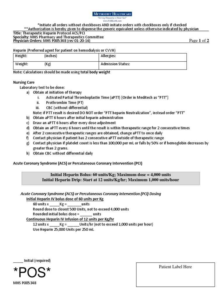 MHS P005348 Heparin Protocol Acute Coronary Syndrome (ACS) Percutaneous ...
