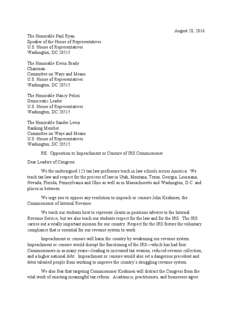 Tax Professors Letter Re Koskinen Impeachment or Censure | United ...