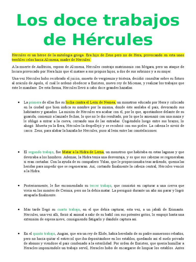 Los Doce Trabajos de Hércules | PDF | Hera | Semidioses de la mitología ...