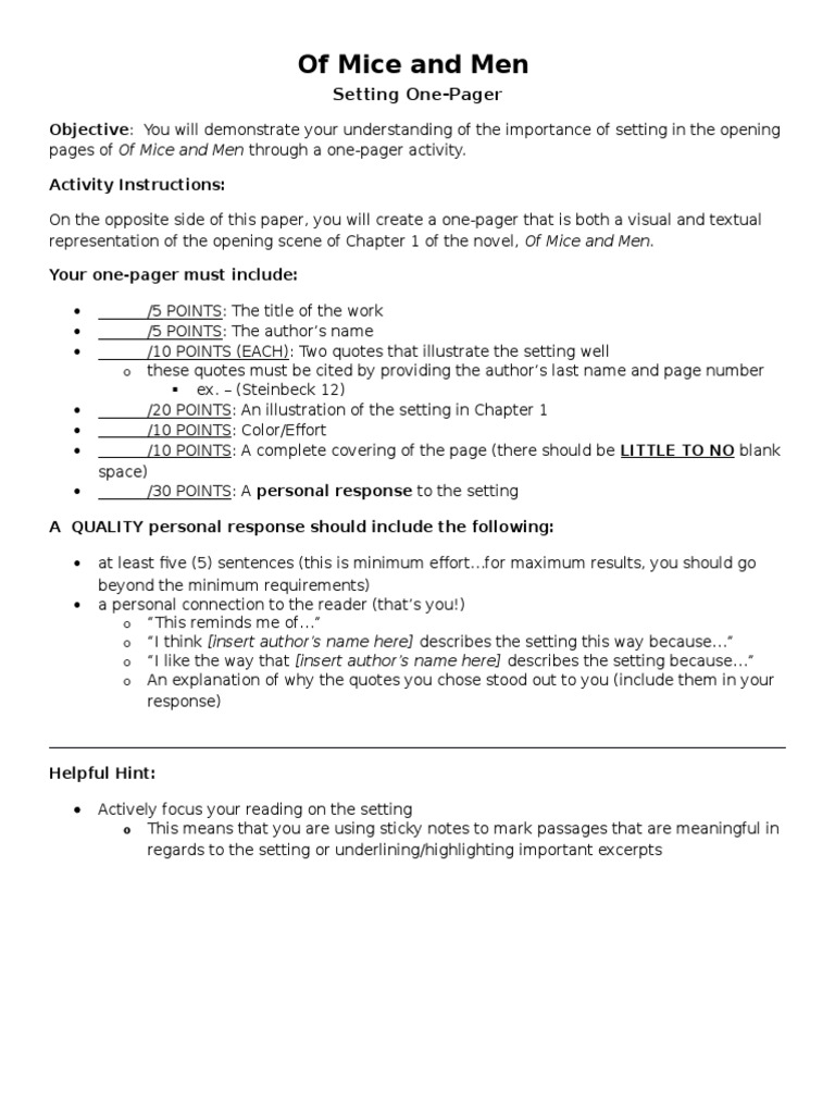 One-Pager: Setting in Of Mice and Men | PDF | Language Arts ...