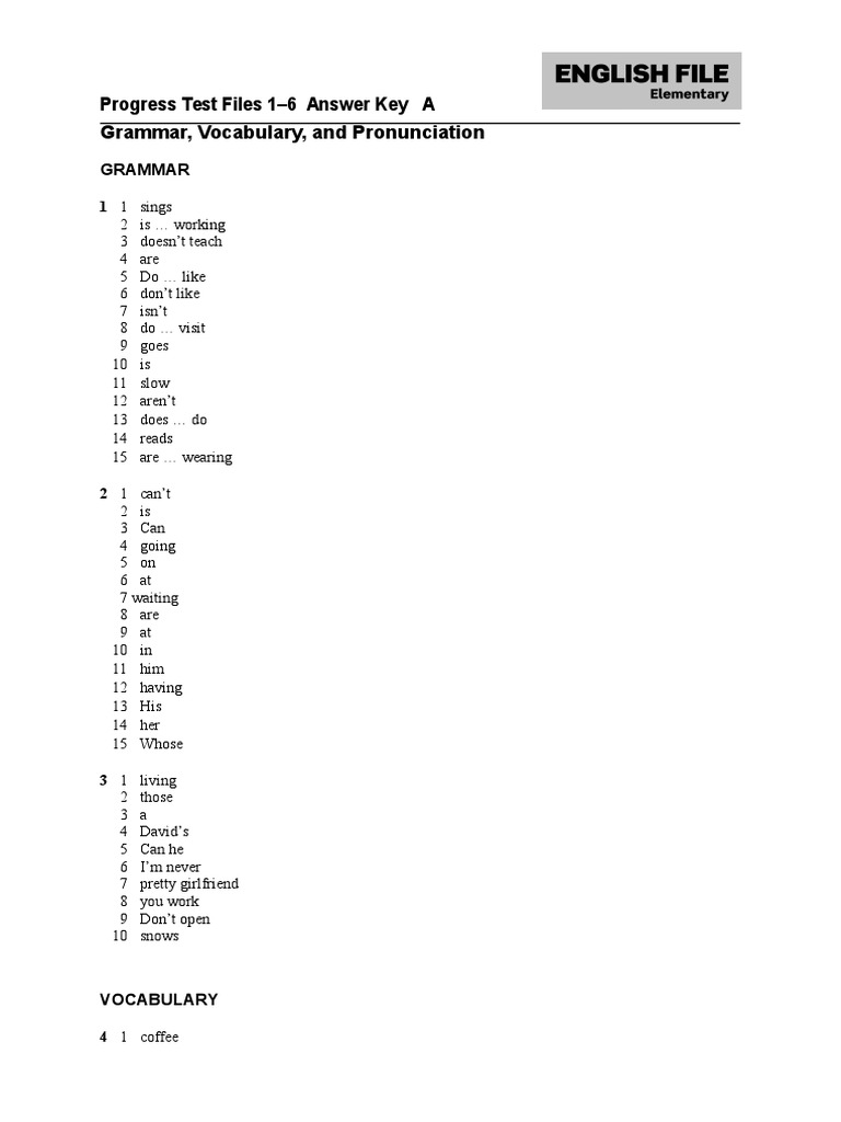 EF3e Elem Progresstest 1 6 Answerkey | PDF | Vocabulary | Question