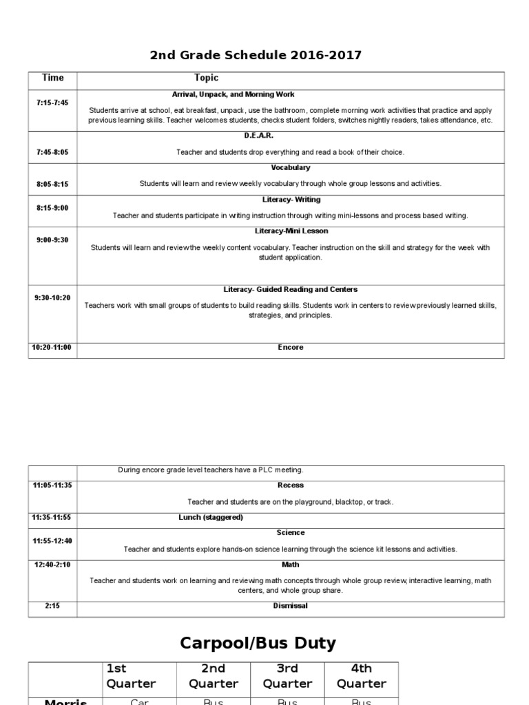 2nd Grade Schedule 2016-2017: Time Topic | PDF