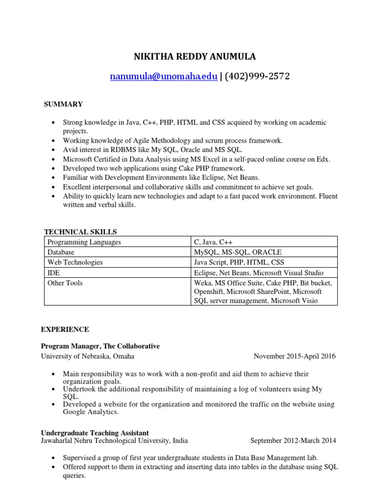 Nikitha Reddy Anumula's Resume | PDF | Microsoft Sql Server | Application Software