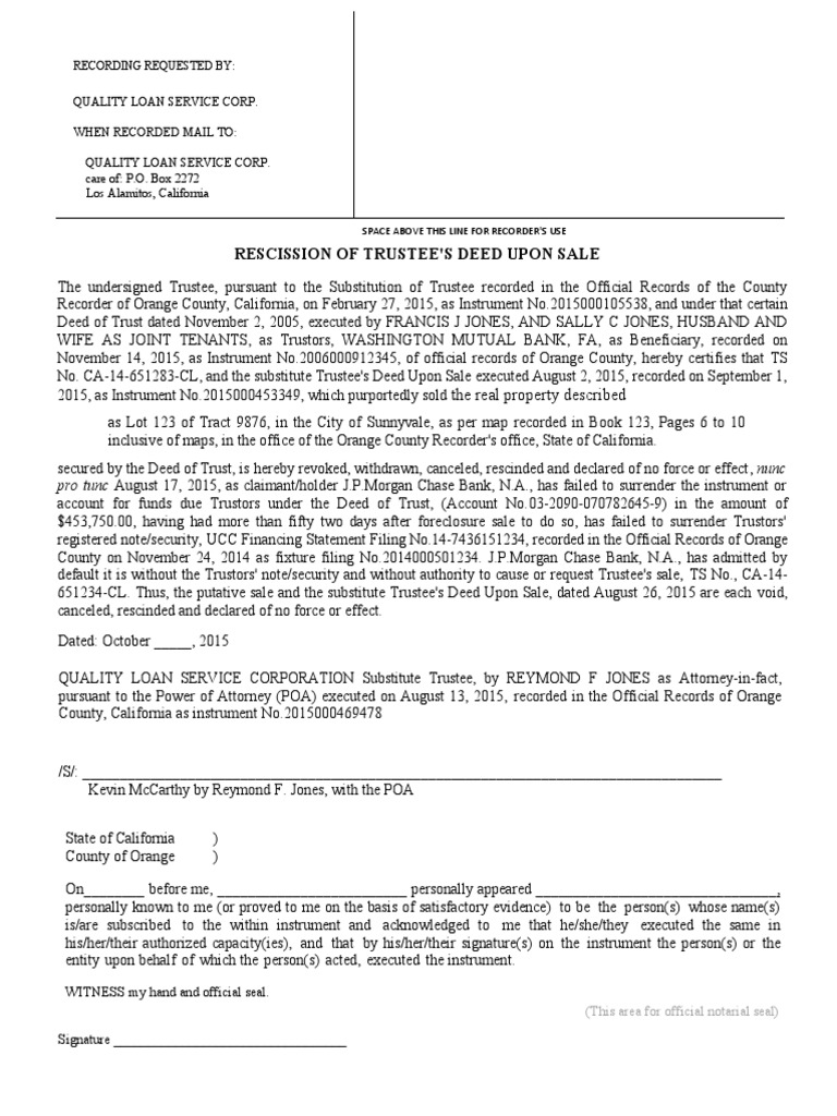 Notice of Rescission of Trustees Deed Upon Sale Sample | Power Of ...