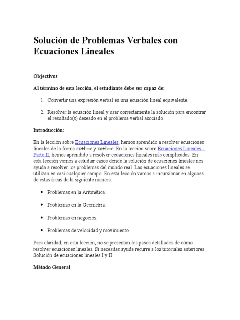 Solución de Problemas Verbales Con Ecuaciones Lineales | PDF ...