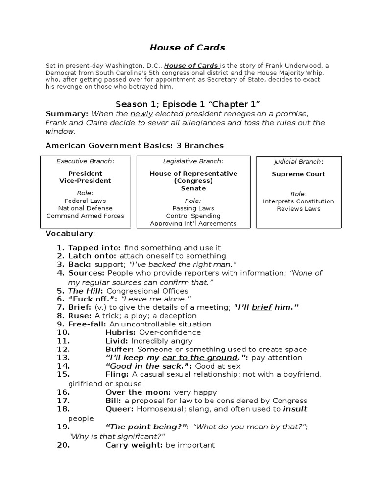 Season 1 Episode 1 "Chapter 1": House of Cards | PDF