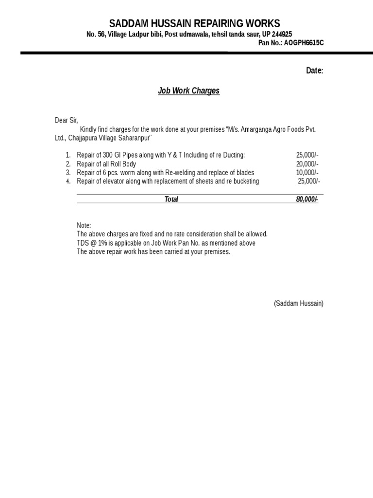 Saddam Hussain Repairing Works: Job Work Charges | PDF