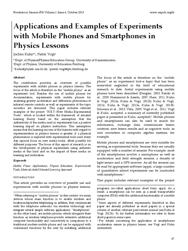 Applications and Examples of Experiments With Mobile Phones and Smartphones in Physics Lessons ...