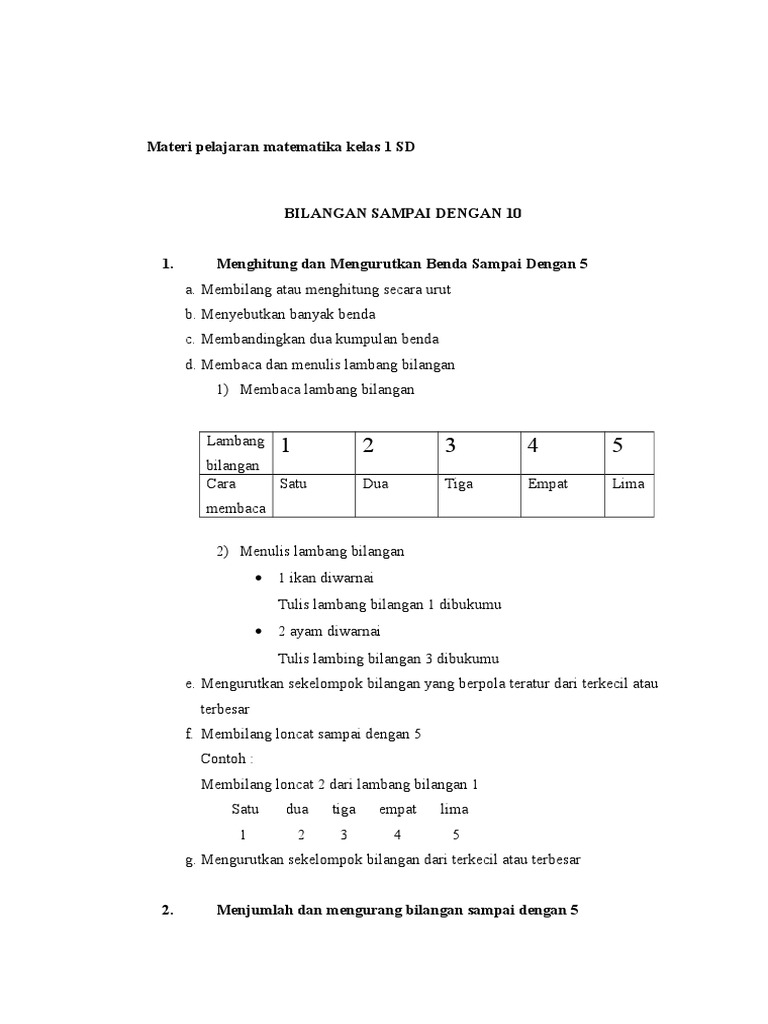 Materi Pelajaran Matematika Kelas 1 Sd Pdf