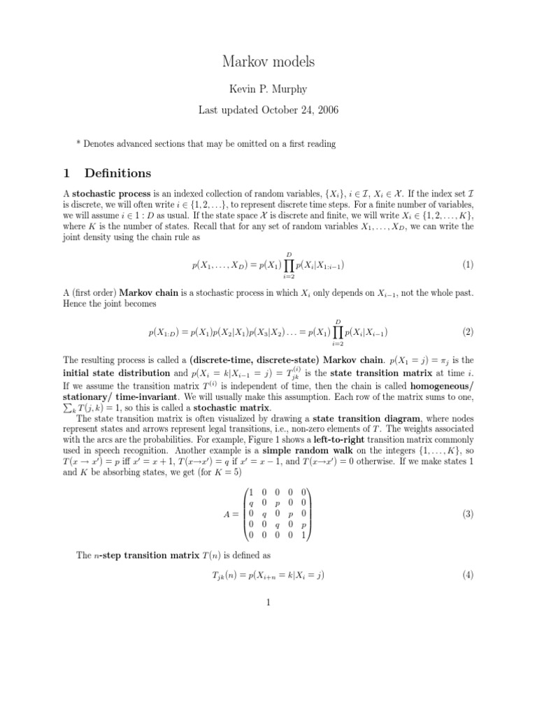 Markov Models: 1 Definitions | PDF | Markov Chain | Statistical Theory
