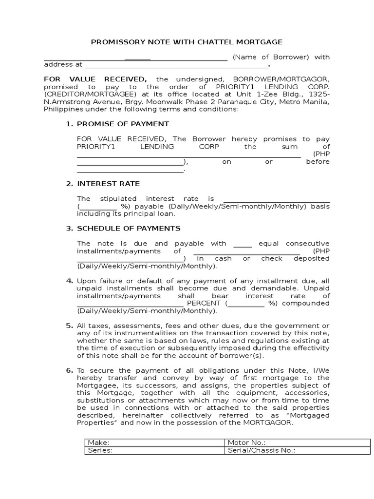 Promissory Note With Chattel Mortgage | PDF | Mortgage Law | Promissory ...