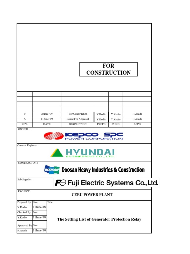 The Setting List of Generator Protection Relay (CEBU-P1-20-V-220003 ...