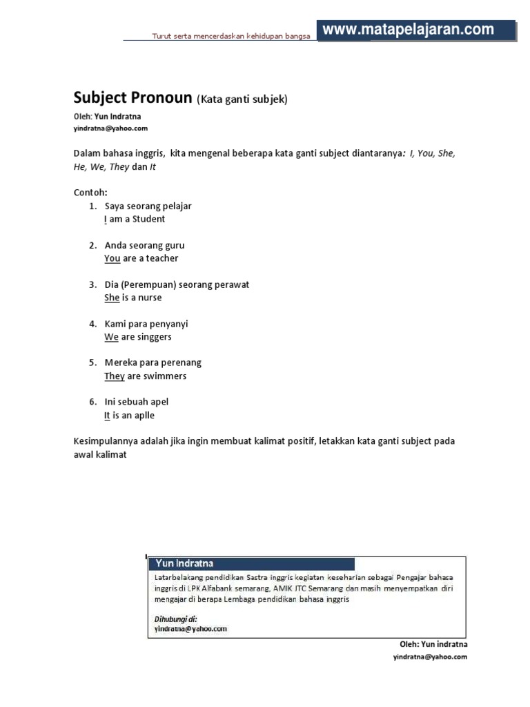Pengertian dan Contoh Subject Pronoun | PDF | Seni & Disiplin Bahasa