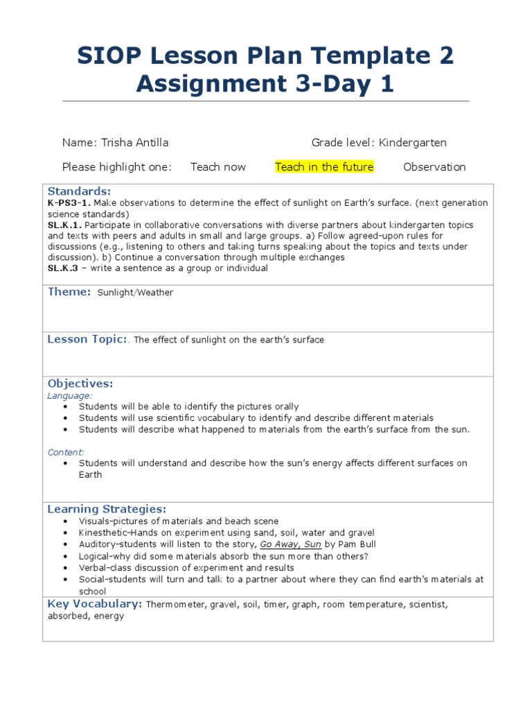 Siop Lesson Plan Template-Assignment 3 | PDF | Data | Sun