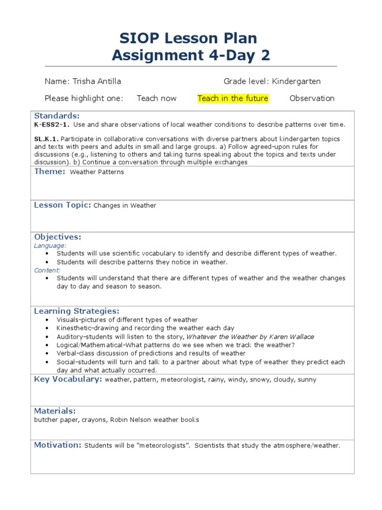 Siop Lesson Plan Assignment 4-Days 2 and 3 | PDF | Weather | Weather ...