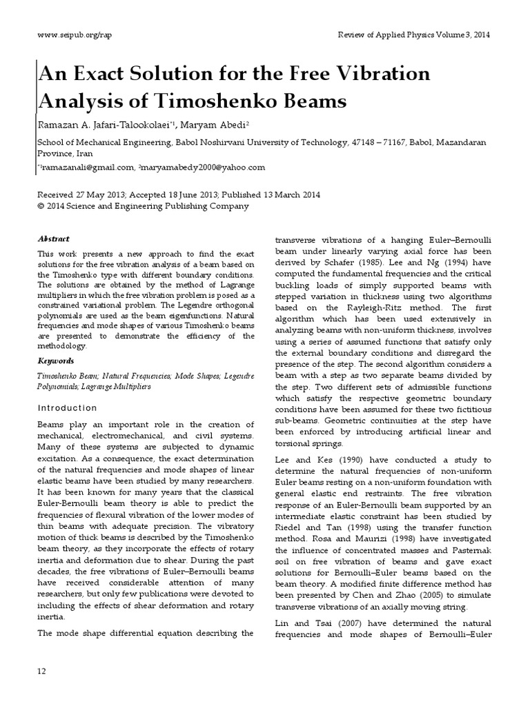 An Exact Solution For The Free Vibration Analysis of Timoshenko Beams | PDF | Bending | Normal Mode