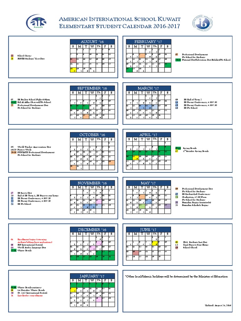 2016-17 Elementary Student Calendar | PDF | Observances | Holidays
