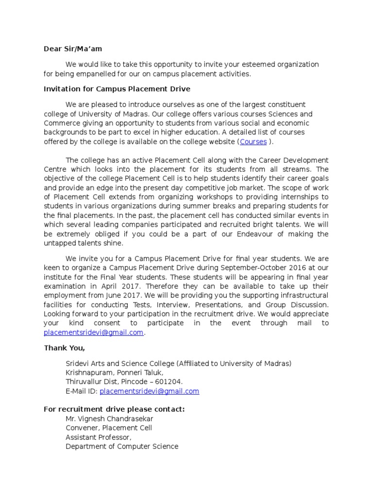 Placement Letter For Invite Campus Drive | PDF | Learning | Labour