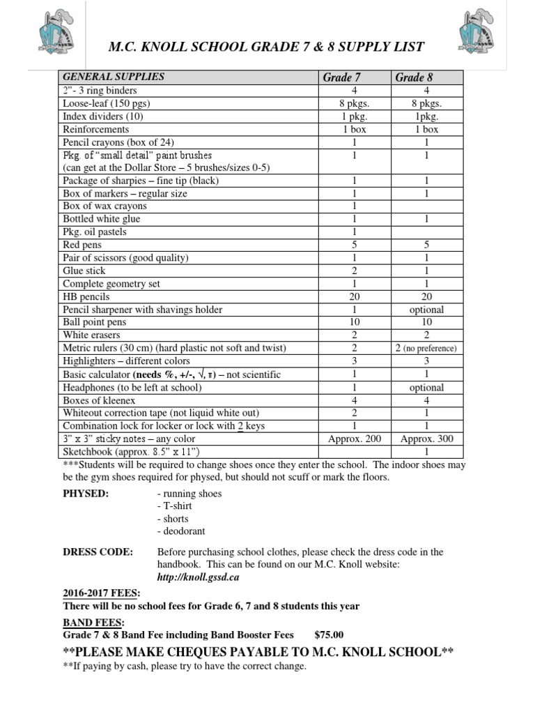 M.C. Knoll School Grade 7 & 8 Supply List: General Supplies | PDF