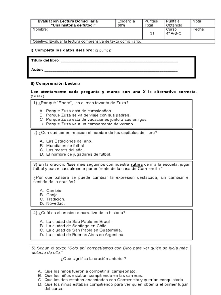 Una Historia de Futbol | PDF | Asociación de Futbol | Comprensión lectora