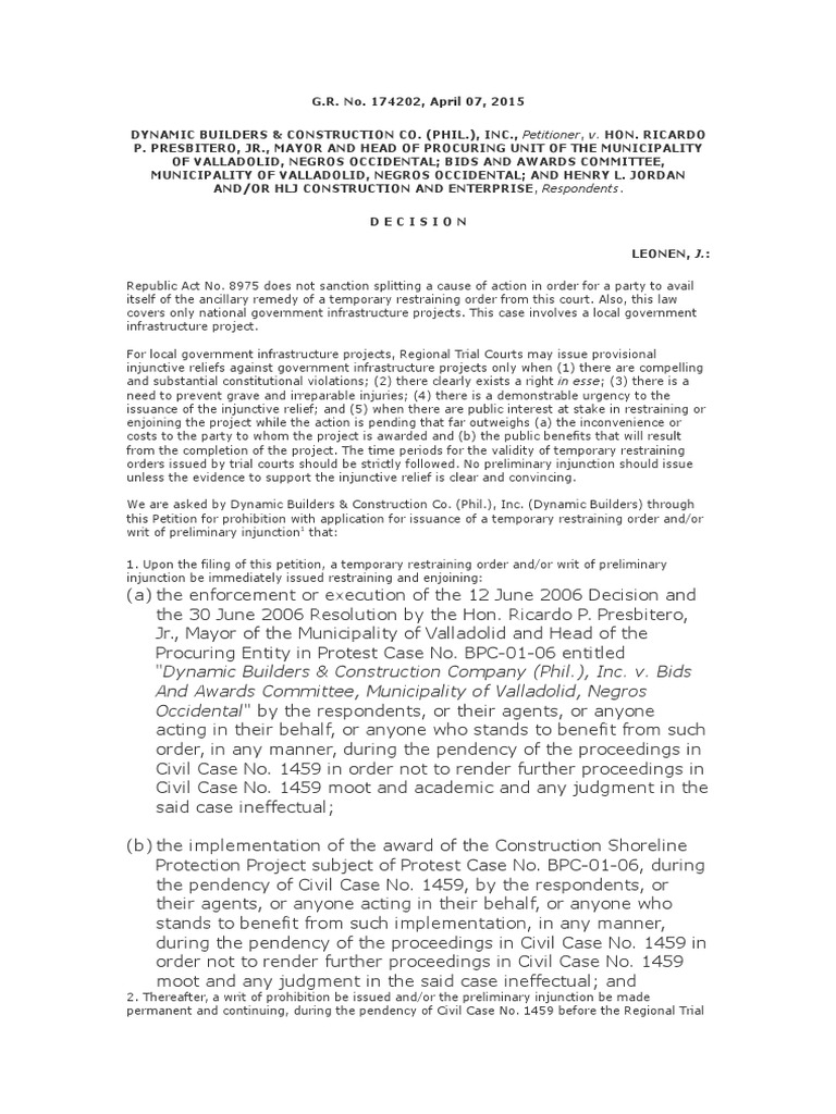 Dynamic Builders V Presbitero | PDF | Writ Of Prohibition | Injunction