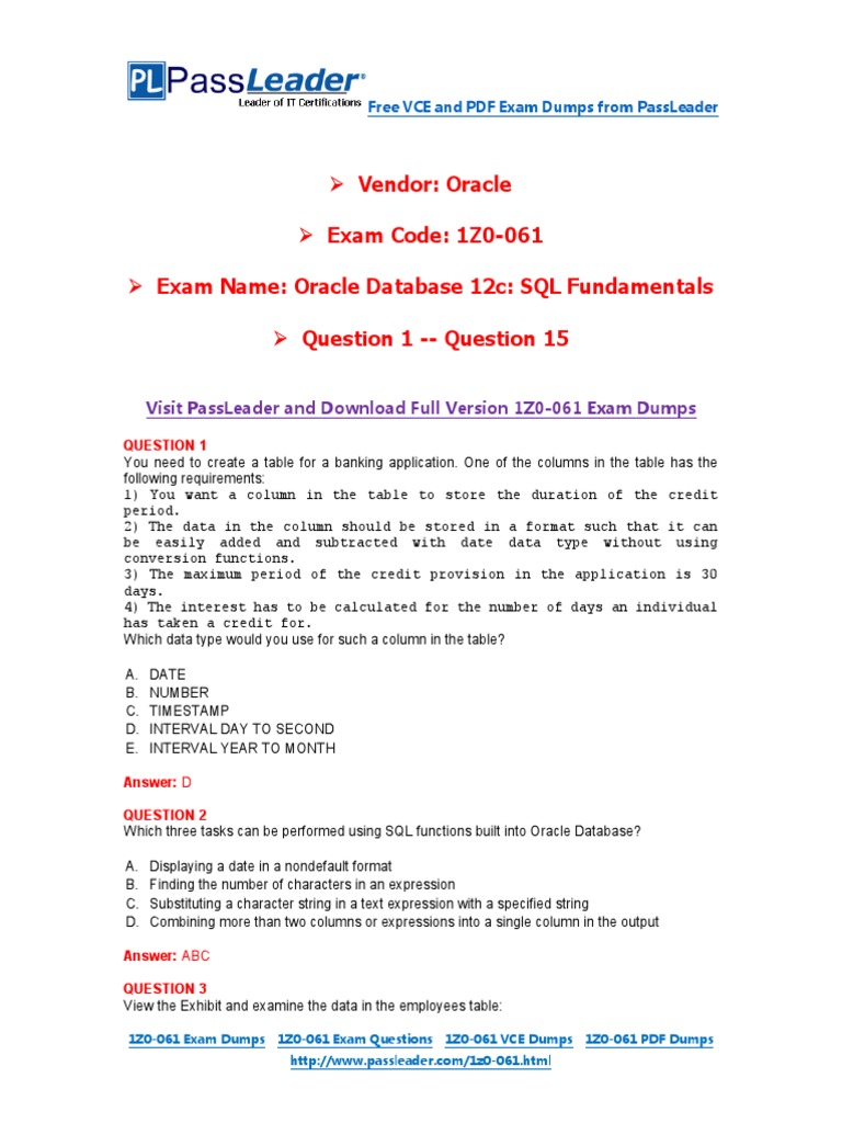 1Z0-061 Exam Dumps With PDF and VCE Download (1-15) PDF | PDF | Sql ...