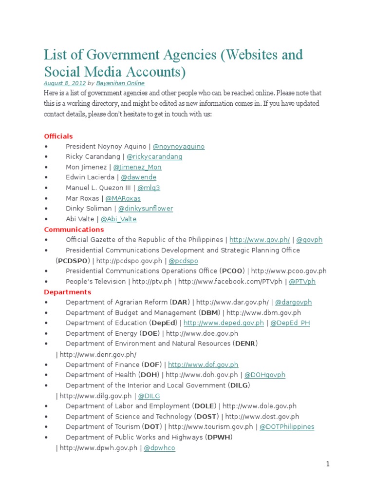 List of Government Agencies.docx | Philippines | Government Agencies