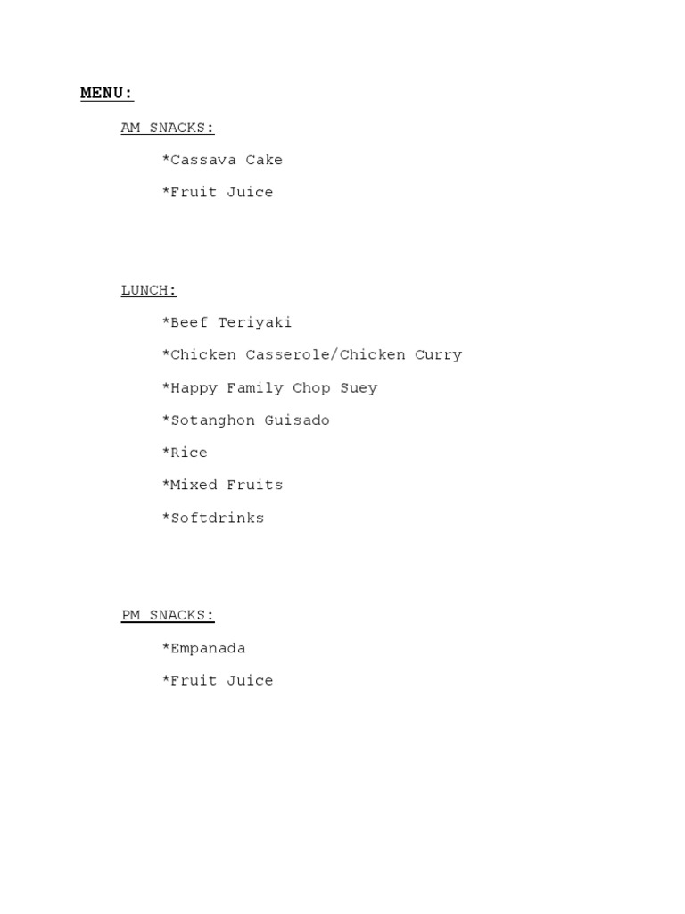 Menu:: Am Snacks: Cassava Cake Fruit Juice | PDF