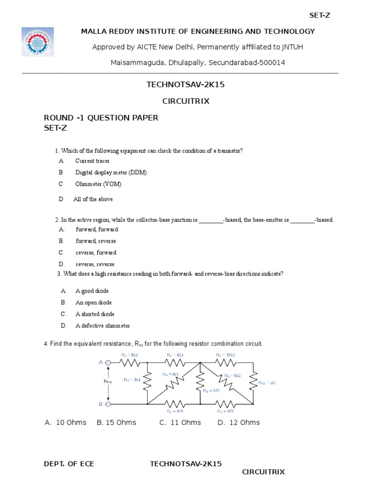 Technotsav-2K15 Circuitrix Round - 1 Question Paper Set-Z | PDF | Teaching Methods & Materials