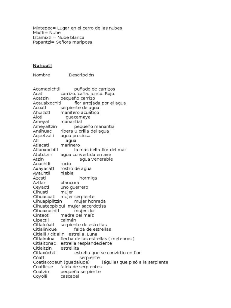 Nombres en Nahuatl | PDF | azteca | Mesoamérica
