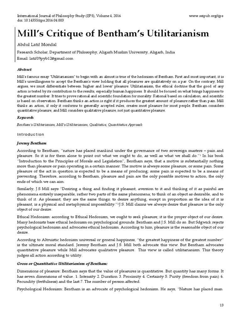 Mill's Hedonism vs. Bentham's Utilitarianism | PDF | Utilitarianism ...