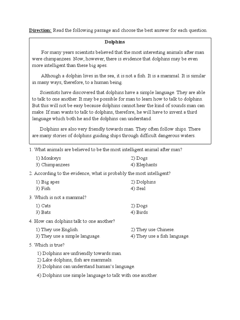 EFL Reading Test For Beginners | PDF | Dolphin | Pompeii