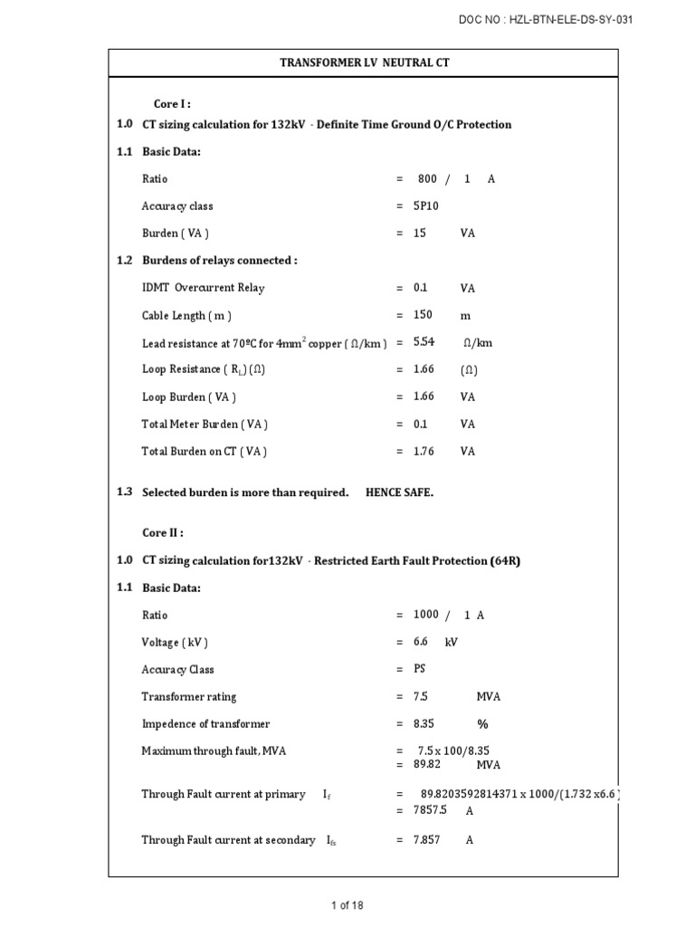 CT Sizing for 132kV Transformer Protection | PDF | Transformer ...