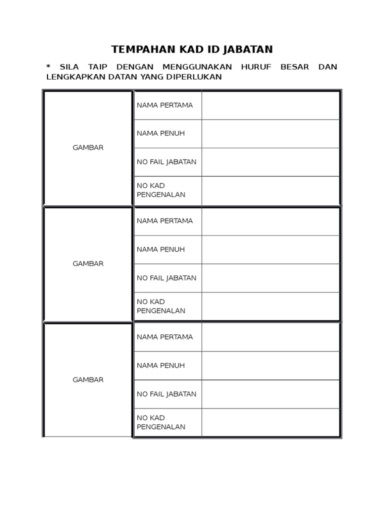 Borang Tempahan Kad Id Jabatan | PDF