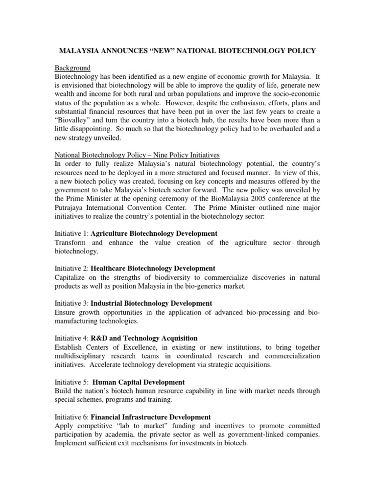 Malaysia Announces "New" National Biotechnology Policy | PDF ...
