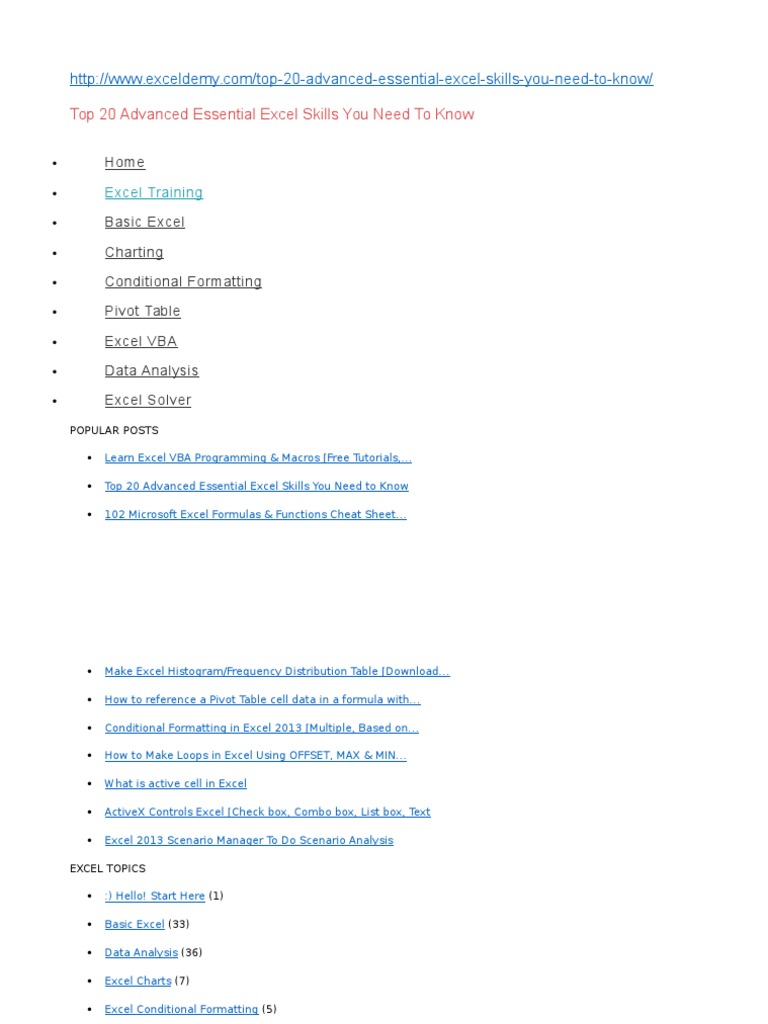 Top 20 Advanced Essential Excel Skills You Need To Know Pdf Microsoft Excel Spreadsheet 