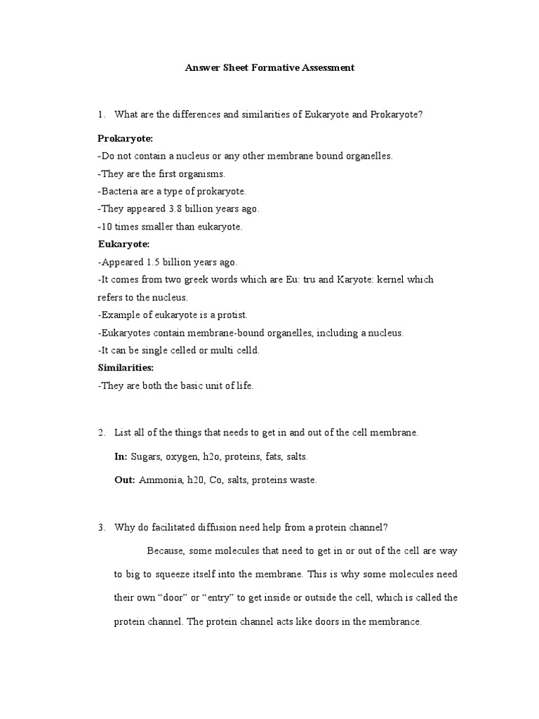 Answer Sheet Formative Assessment | PDF | Cell (Biology) | Cell Membrane