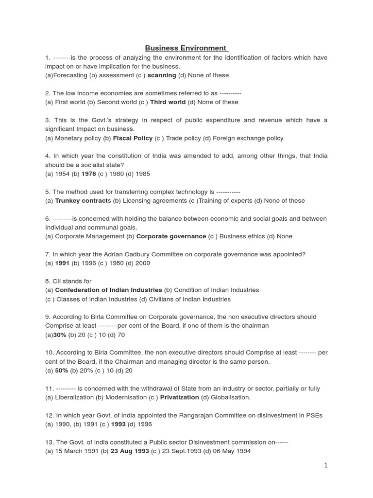 Business Environment Question Bank With Answers | PDF | Economic ...
