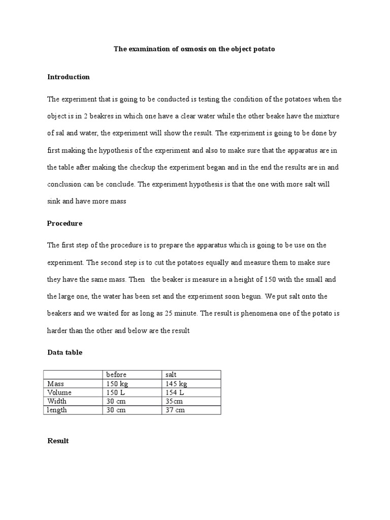 The Examination of Osmosis On The Object Potato Science Experiment Due ... The Examination of Osmosis On The Object Potato Science Experiment Due ...