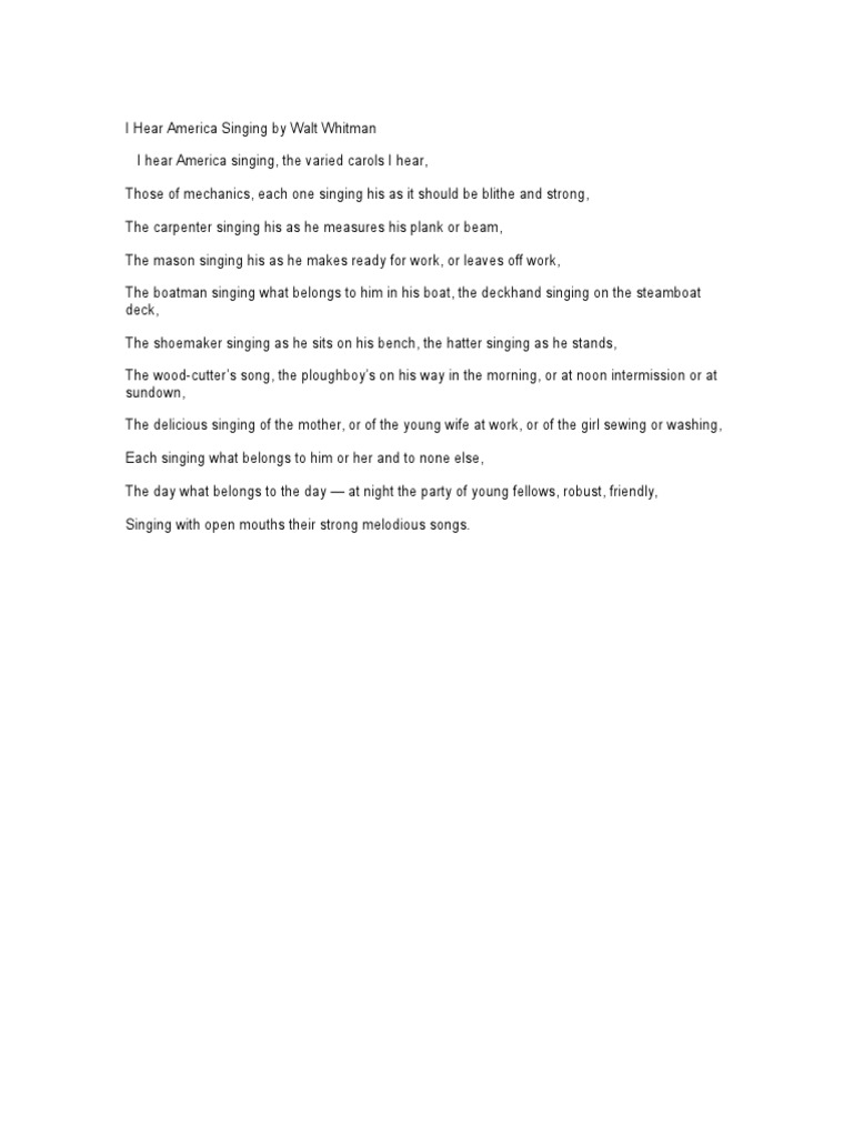 Whitman's "I Hear America Singing" Analysis | PDF | Poetry
