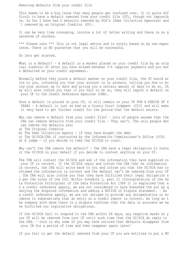 Removing Defaults From Credit File | PDF | Credit (Finance) | Credit Bureau