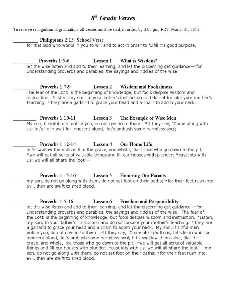 8th Grade Verses 2016-2017 | PDF | Book Of Proverbs | Sin