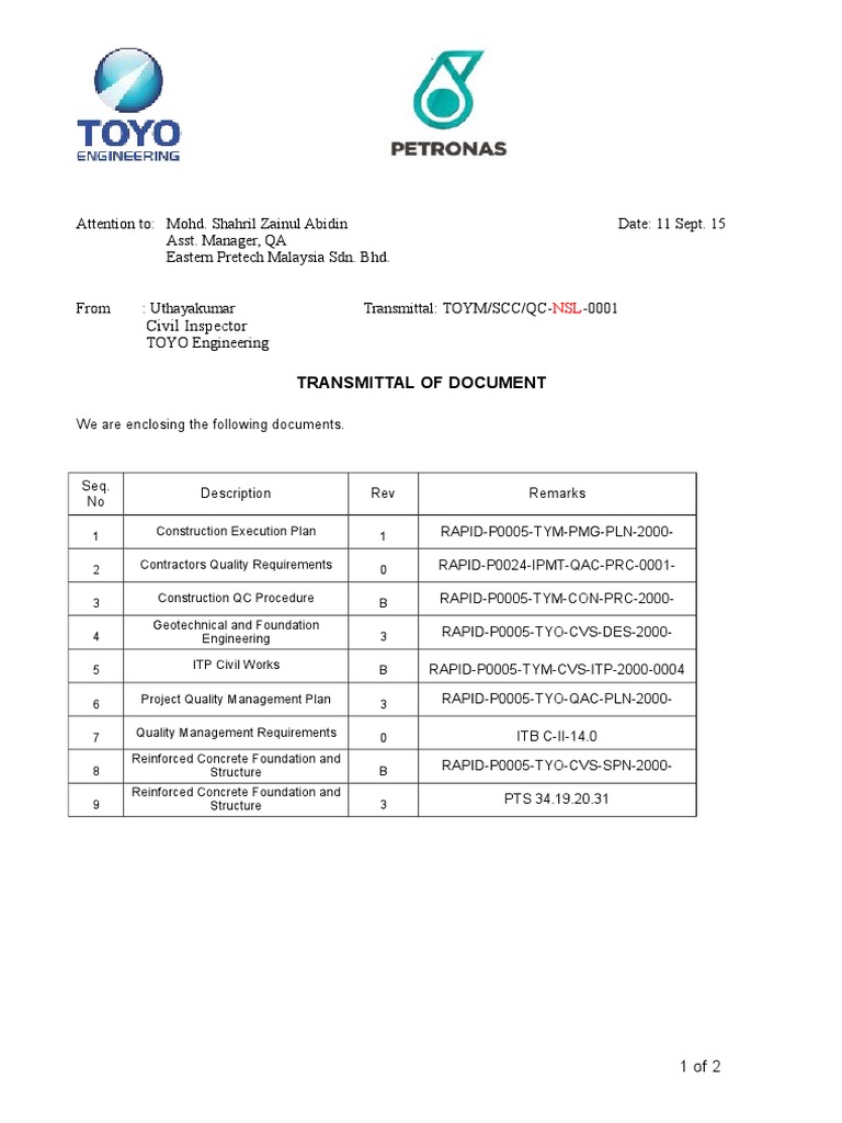Transmittal Template | PDF | Technology & Engineering